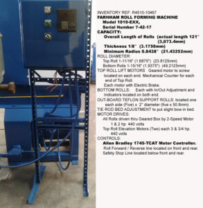 10 ft x 0.125 Farnham 1010-EXX Aircraft Roll Forming Machine