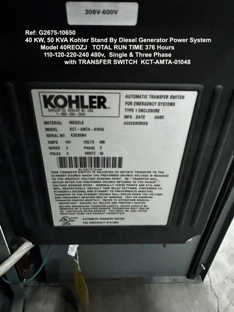 40 KW Kohler 40REOZJ Stand By Diesel Generator 1 & 3 Phase